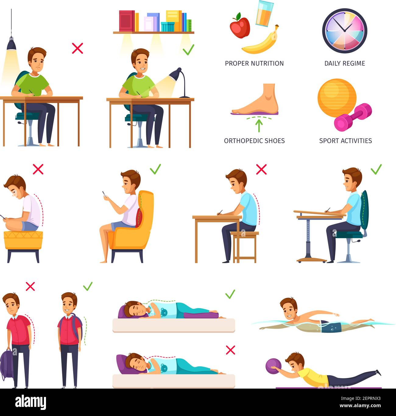 Children posture cartoon set of isolated conceptual images with flat ...