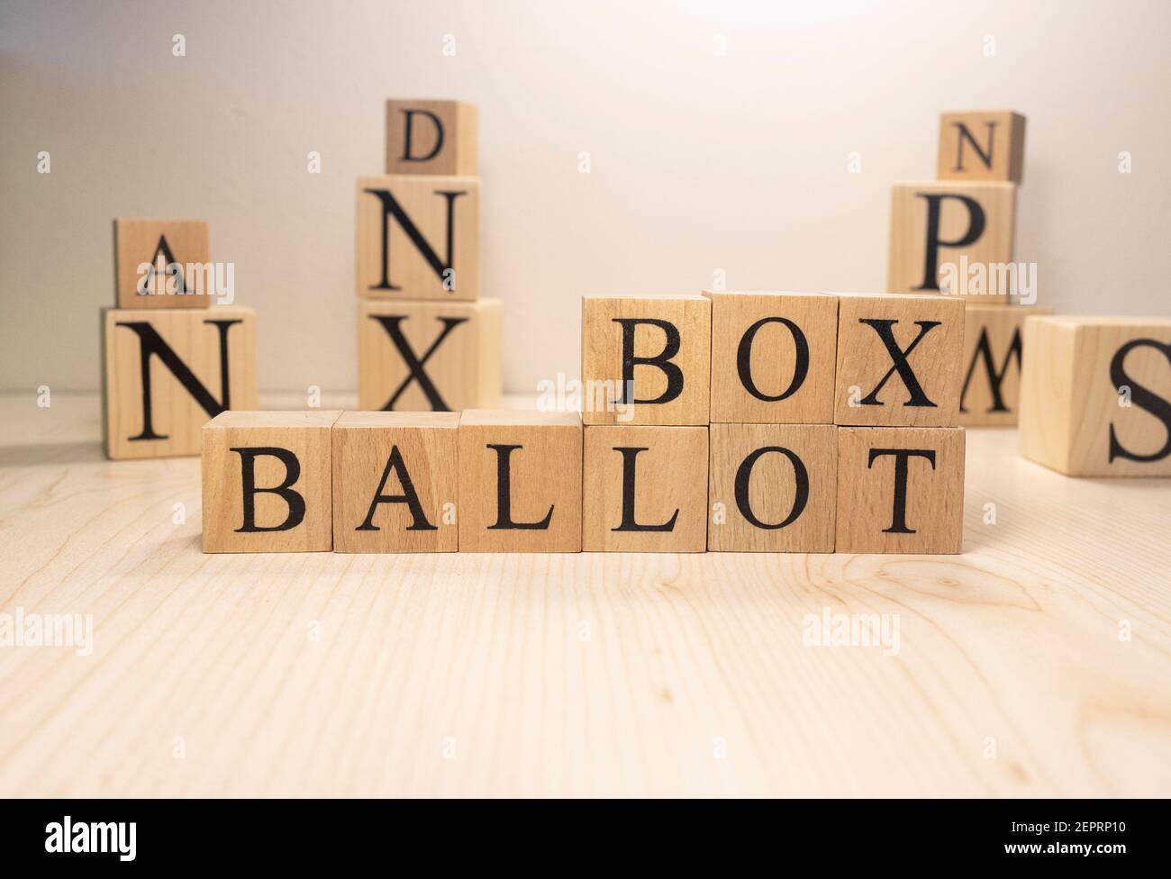 The word ballot box is from wooden cubes. Background from wooden ...