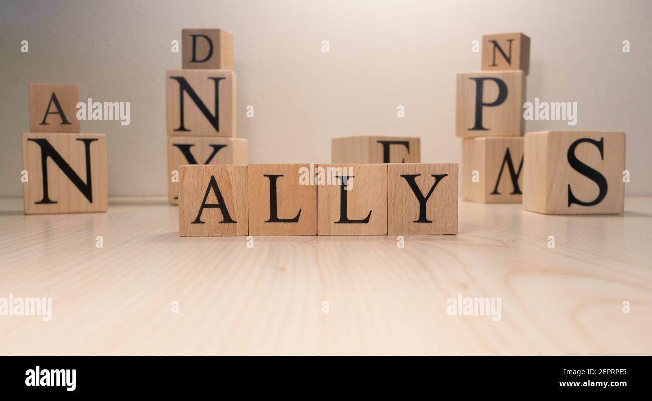 The word Ally is from wooden cubes. Background from wooden letters ...