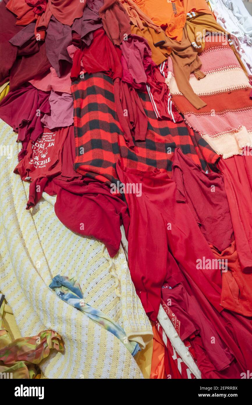 A collection of used clothing destined to be recycled in New York at a ...