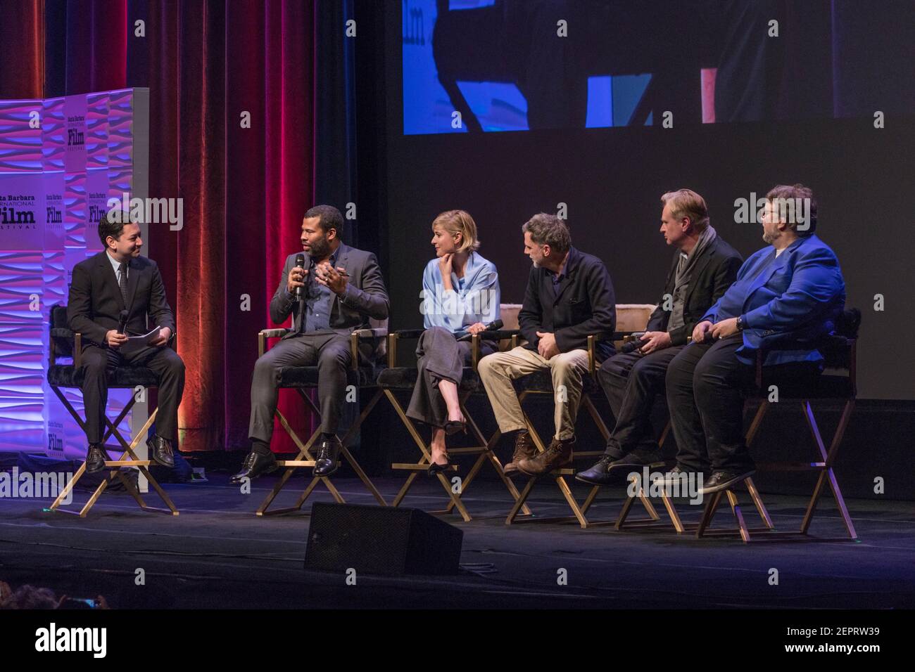 (l-r) Moderator Scott Feinberg, Directors Jordan Peele, Greta Gerwig ...