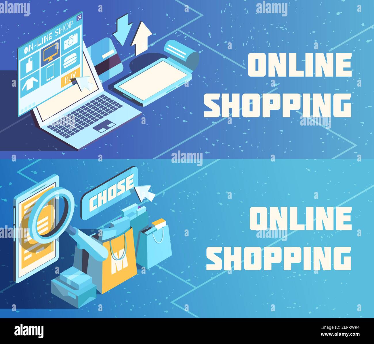 Online shopping horizontal isometric banners on blue background with product choice, electronic ...