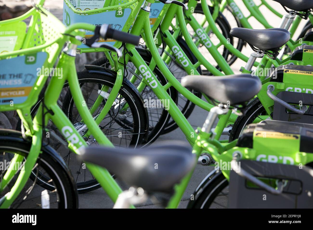 A row of Grid bicycle-sharing bikes in Tempe, Arizona, on February 3 ...