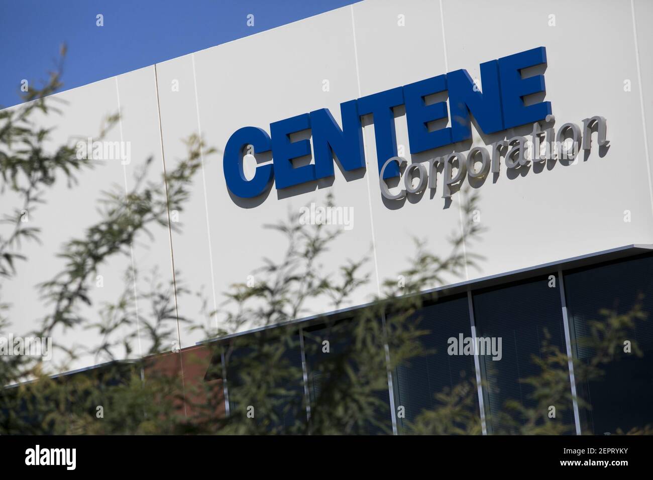 A logo sign outside of a facility occupied by the Centene Corporation ...