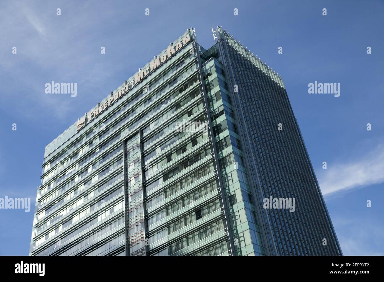 A logo sign outside of the headquarters of Freeport-McMoRan Inc., in ...