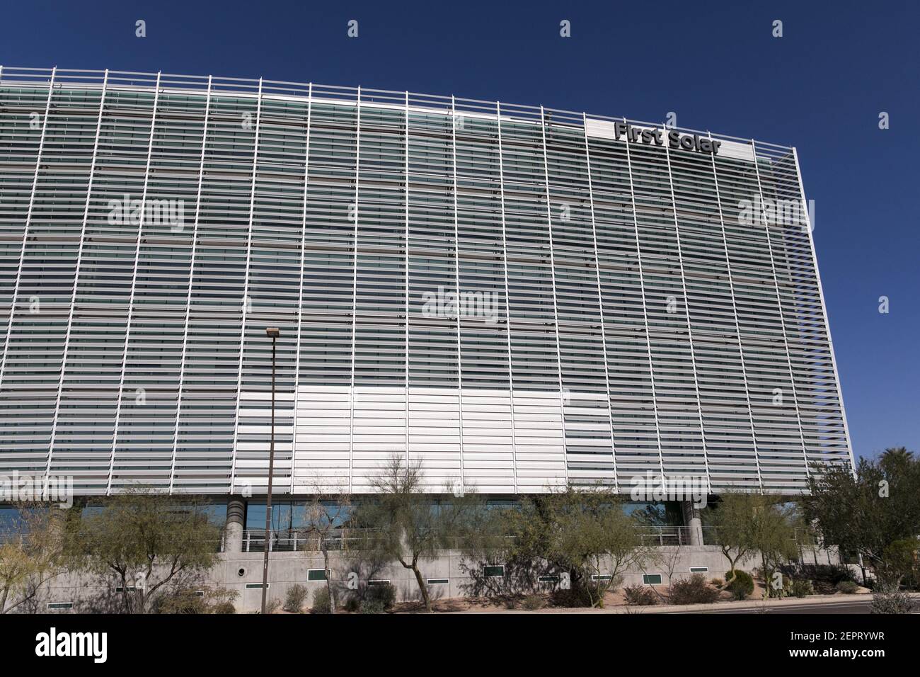 A logo sign outside of the headquarters of First Solar, Inc., in Tempe ...