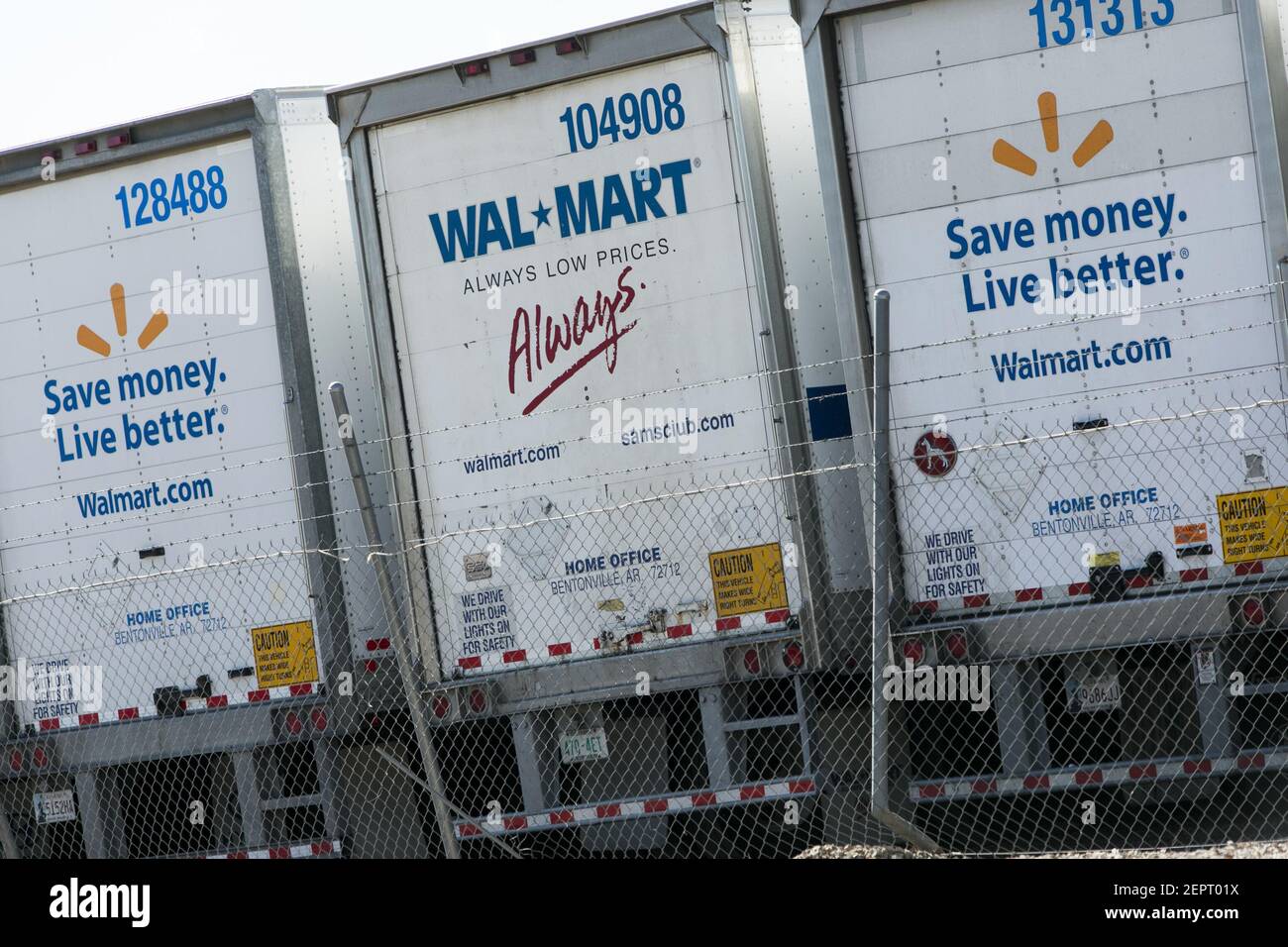 Walmart Inc., logos on a row of semi-truck trailers in Phoenix, Arizona ...