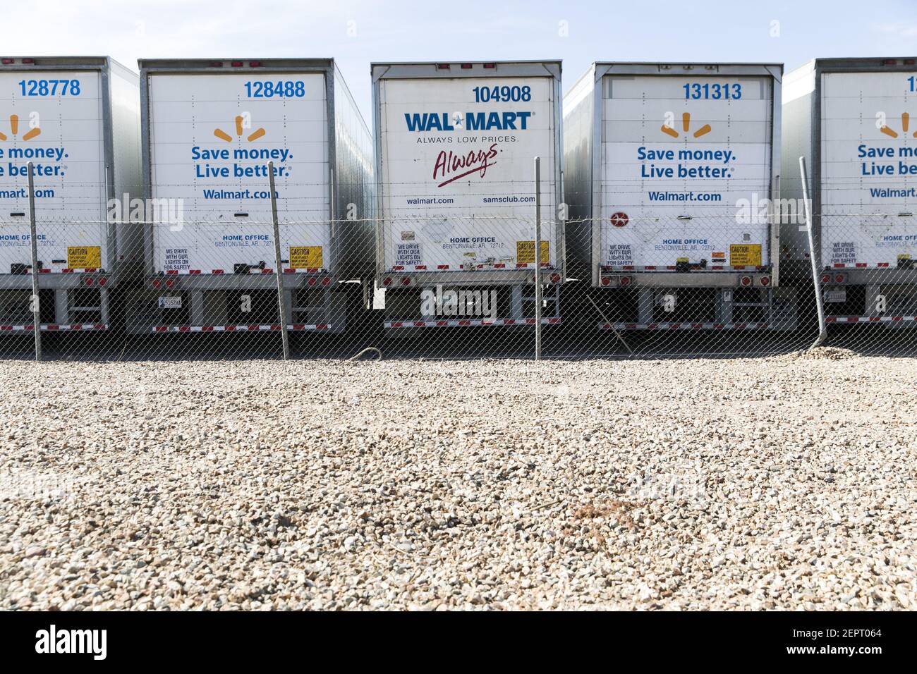 Walmart Inc., logos on a row of semi-truck trailers in Phoenix, Arizona ...