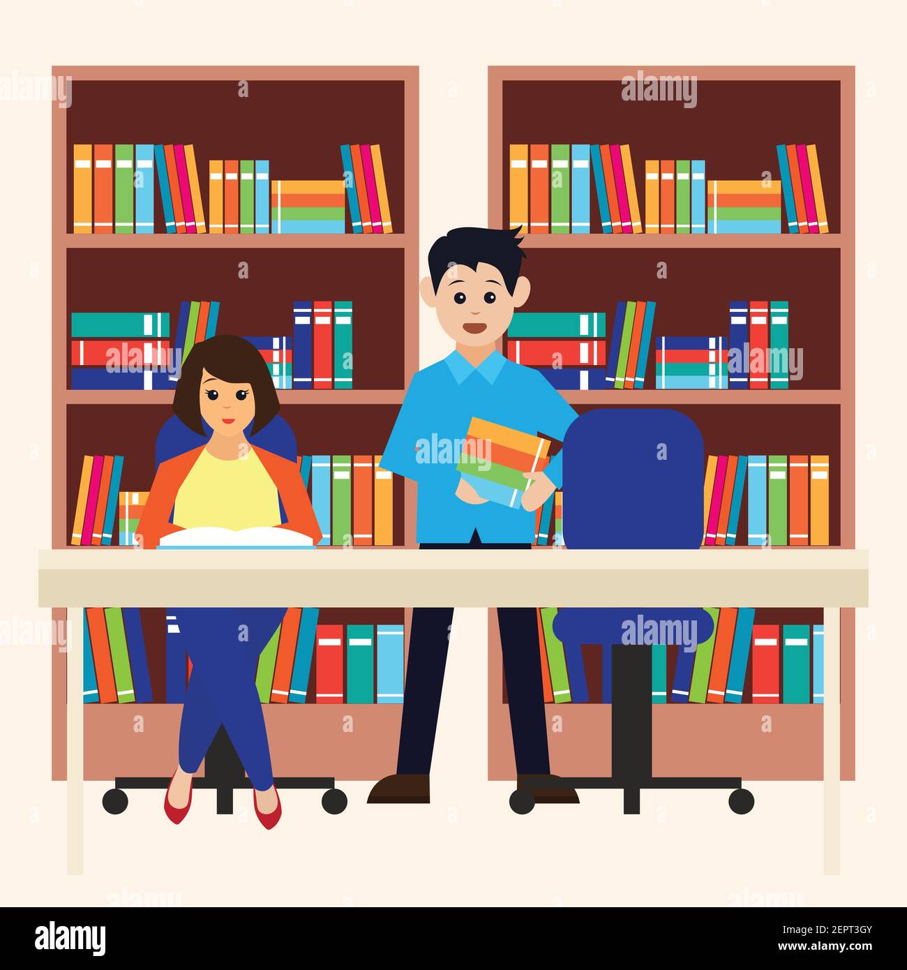 man and woman in a library for working and reading a book. vector ...