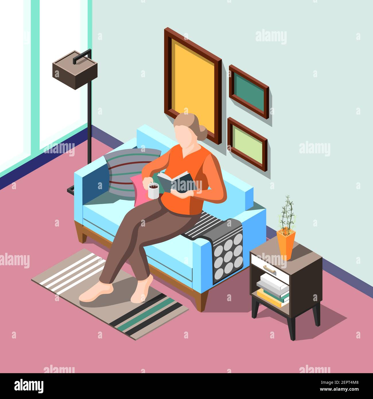 Daily routine isometric background with female character reading book ...