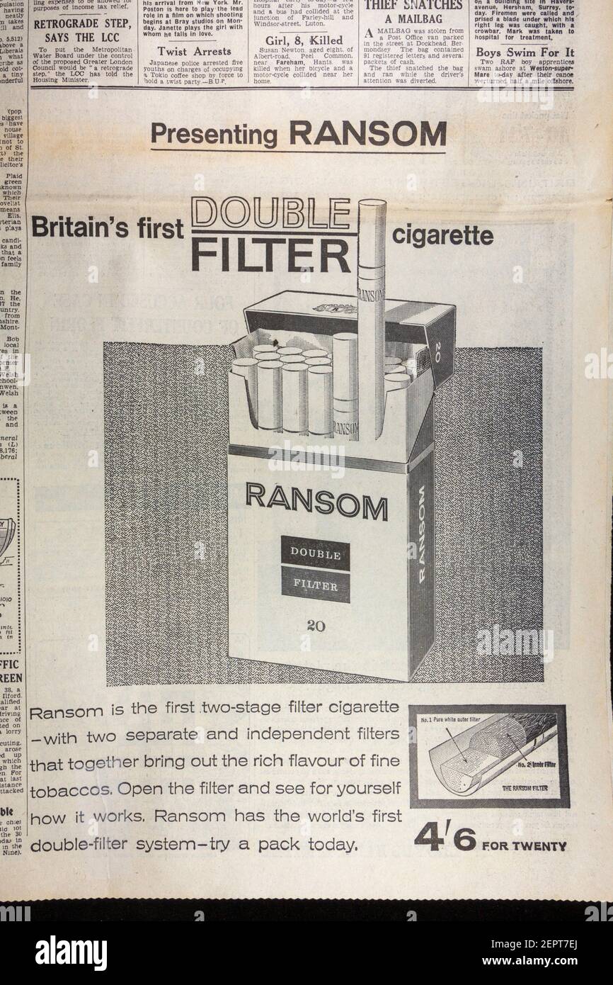 Advert for Ransom double filter cigarettes in the Evening News ...