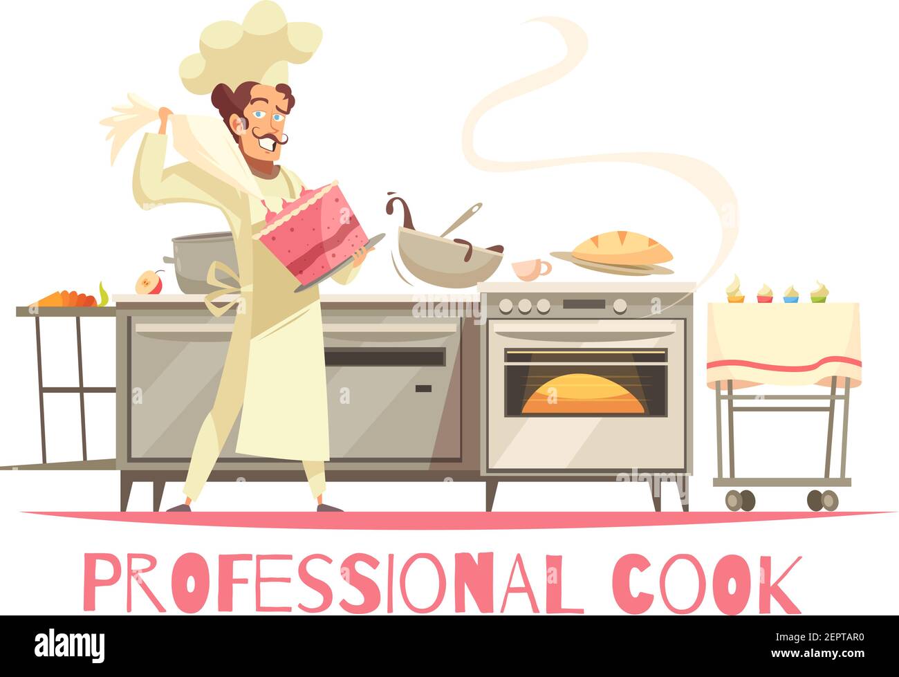 Professional cook during cake making composition on white background ...