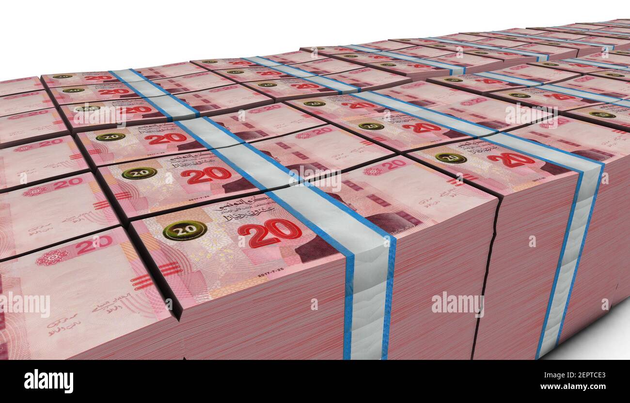 3D illustration of Tunisia 20 Dinars bills stacks background Stock ...