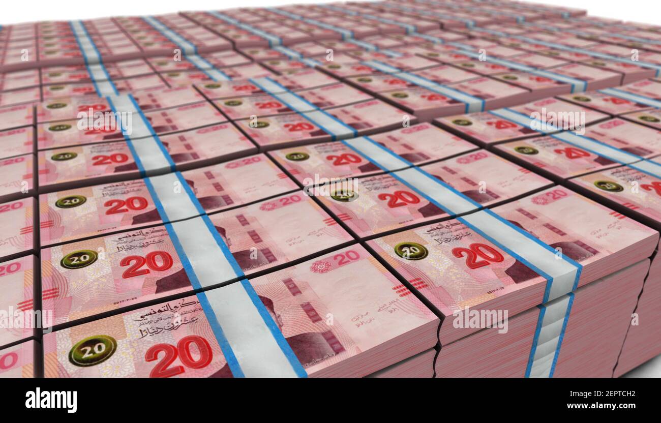 3D illustration of Tunisia 20 Dinars bills stacks background Stock ...