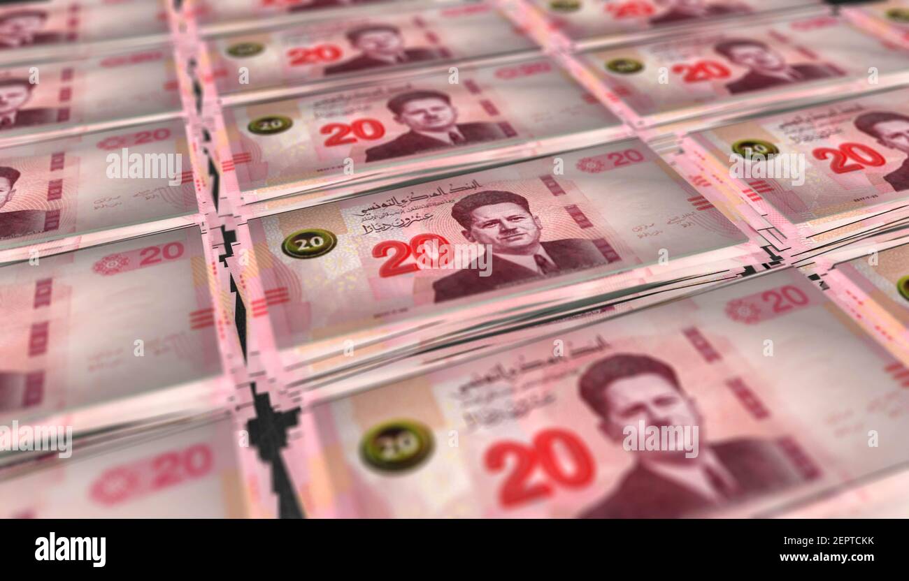 3D illustration of Tunisia 20 Dinars bills stacks background Stock ...