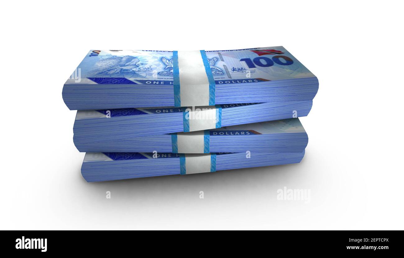 3D illustration of Trinidad and Tobago 100 Dollars bills stacks ...