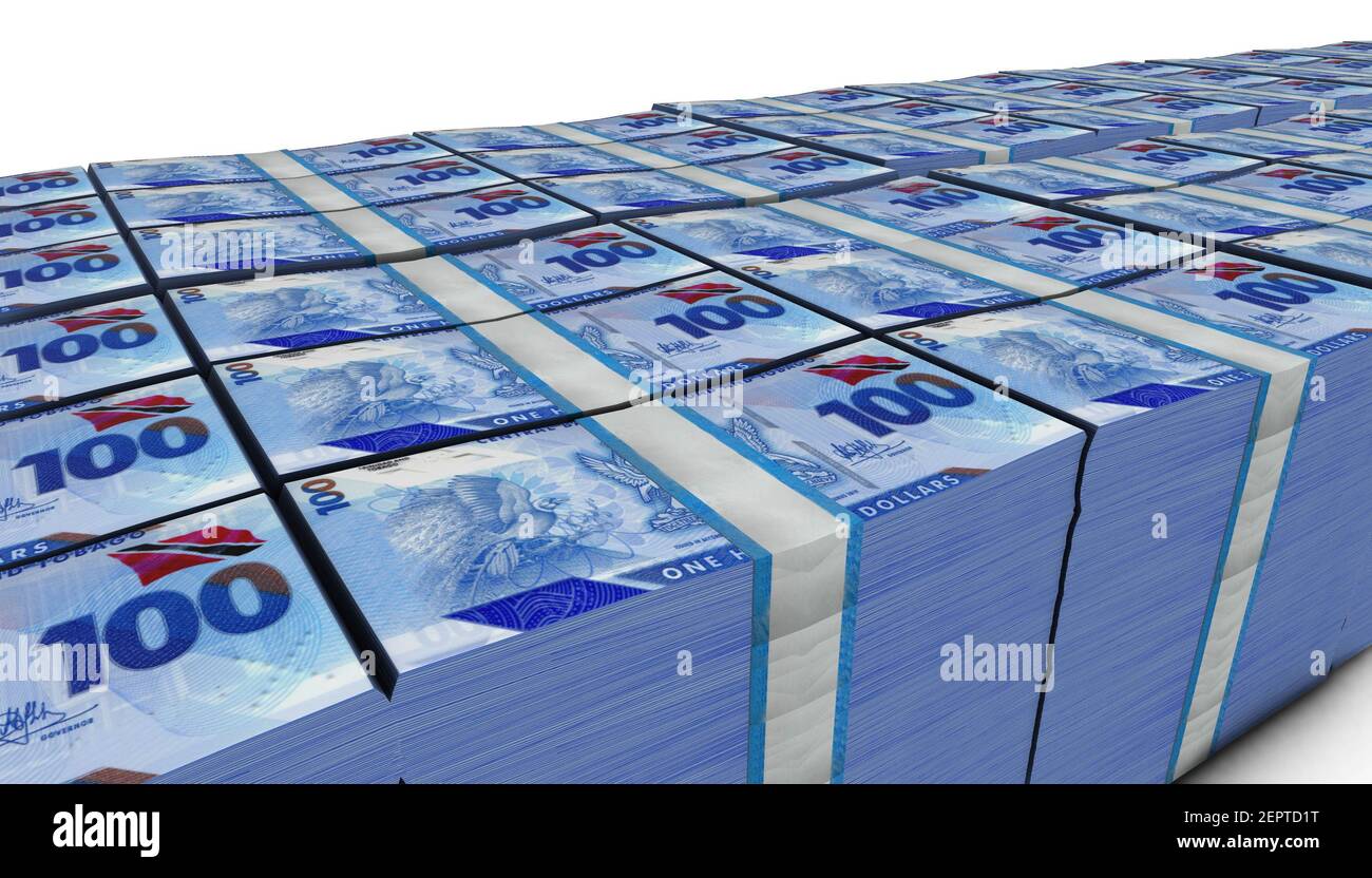 3D illustration of Trinidad and Tobago 100 Dollars bills stacks ...