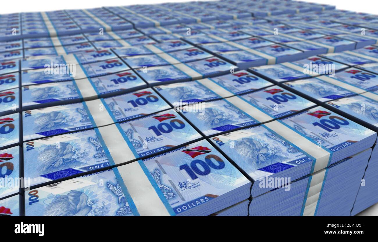 3D illustration of Trinidad and Tobago 100 Dollars bills stacks ...
