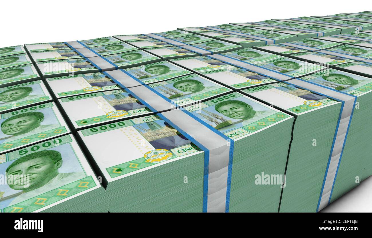 3D illustration of 5000 Francs West African CFA bills stacks background ...