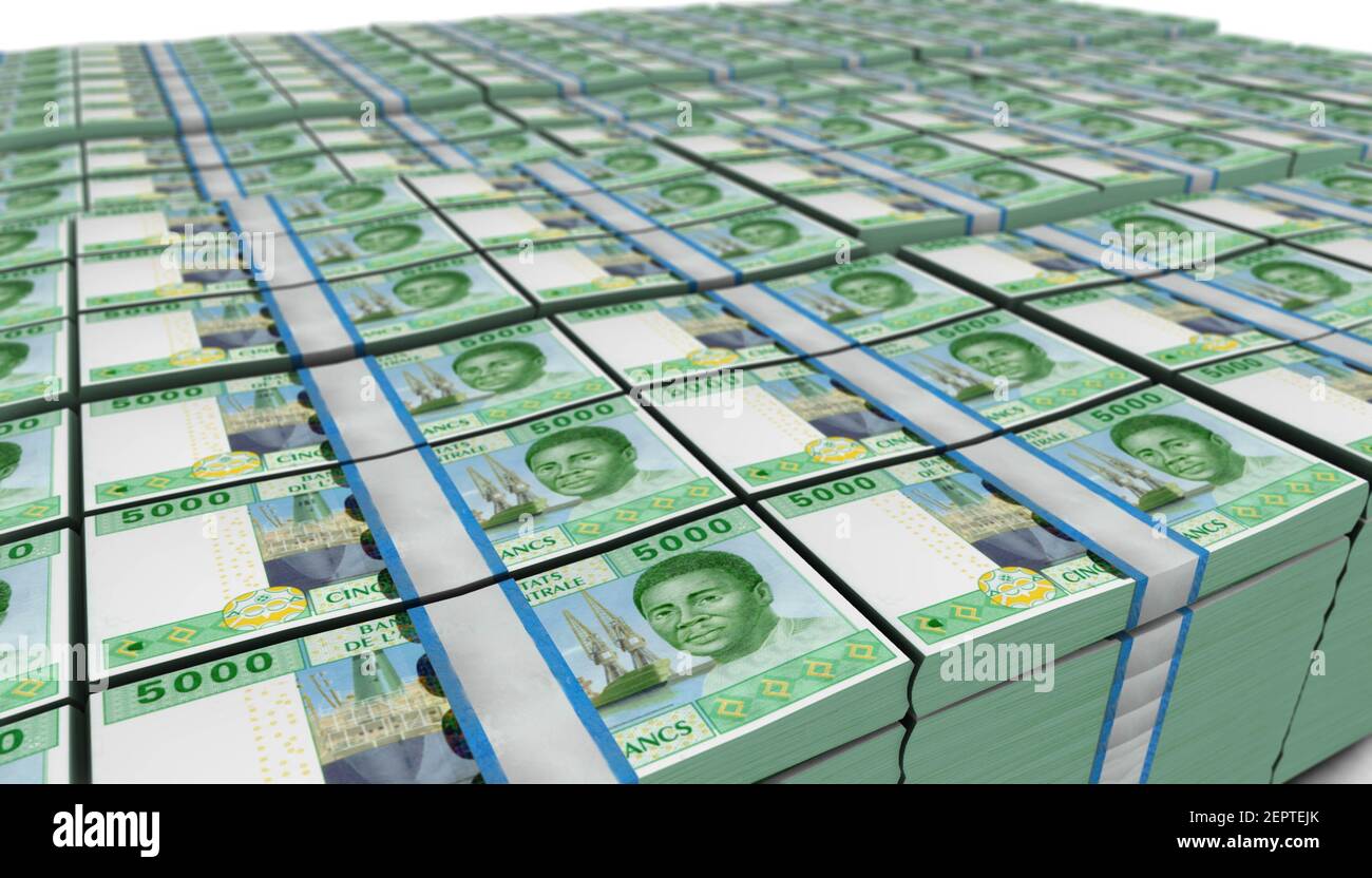3D illustration of 5000 Francs West African CFA bills stacks background ...