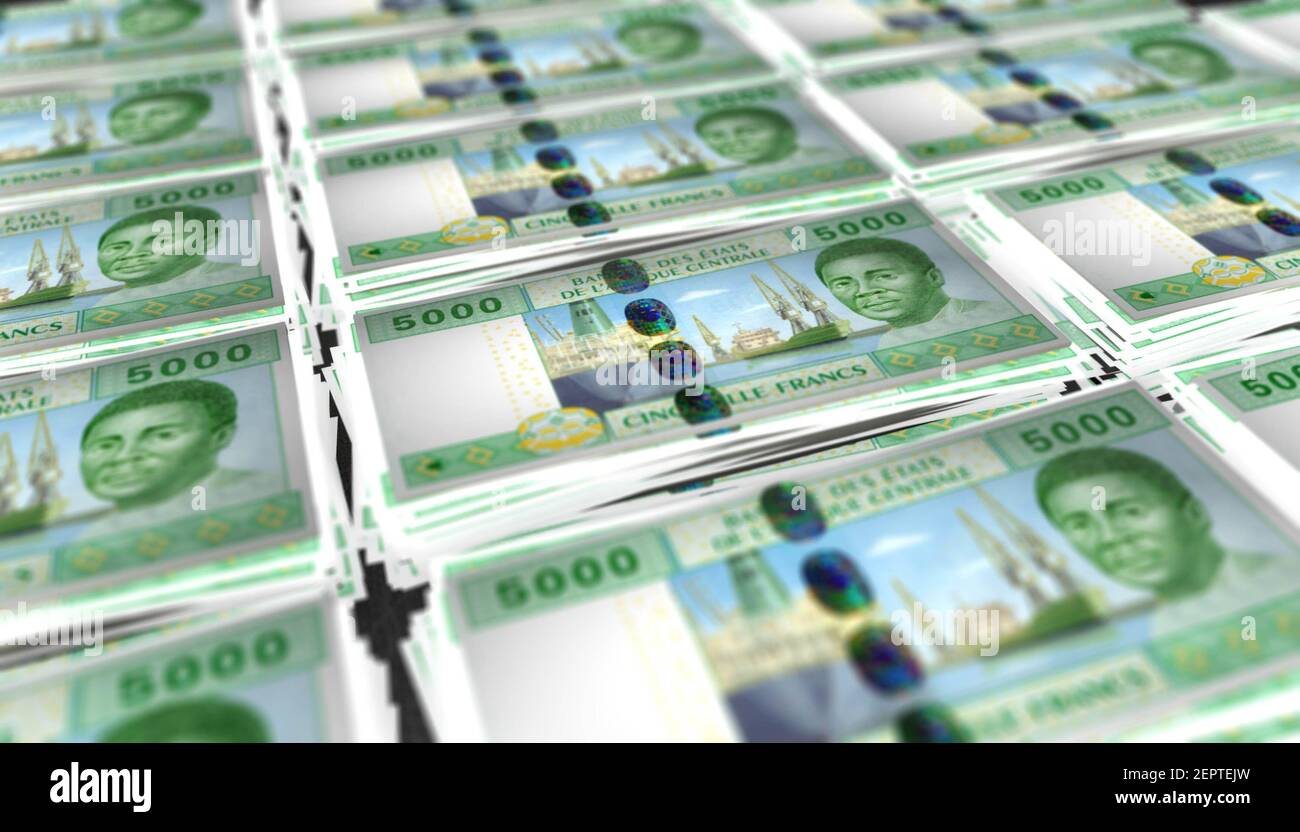3D illustration of 5000 Francs West African CFA bills stacks background ...