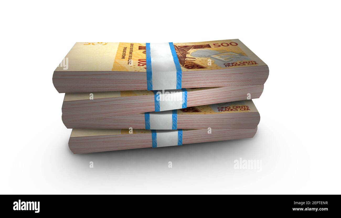 3D illustration of 500 rancs West African CFA bills stacks background ...