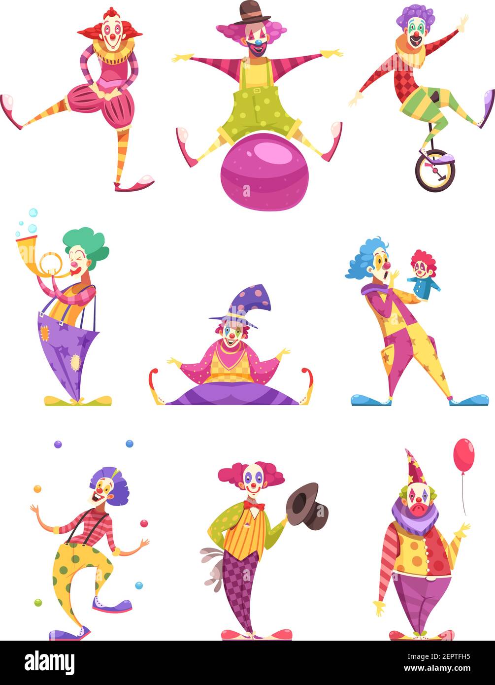 Set of icons clowns in colorful costumes with various elements ...