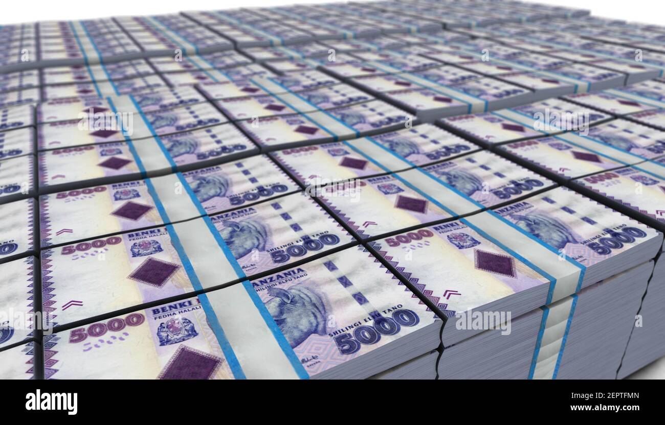 3D illustration of Tanzania 5,000 Shillings bills stacks background ...