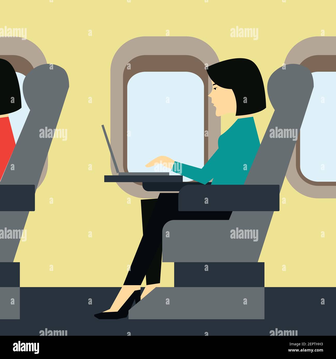 businessman and businesswoman passenger doing work on airplane business ...