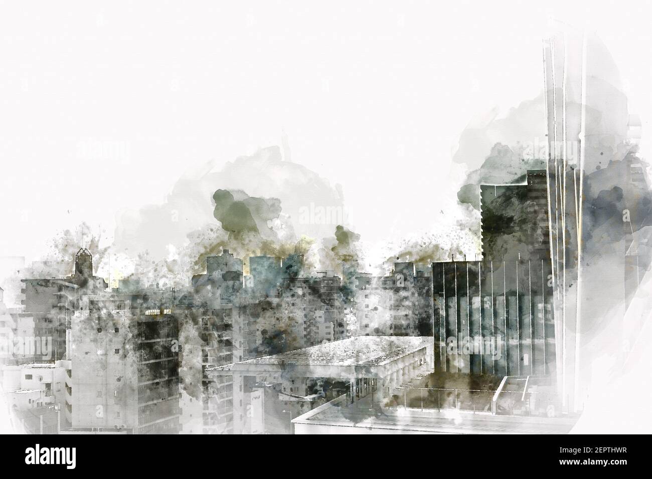 Abstract colorful building in the city on watercolor illustration ...