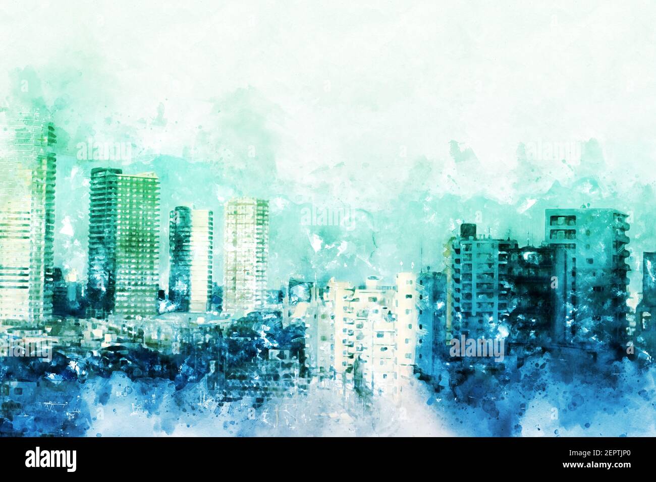 Abstract colorful building in the city on watercolor illustration ...