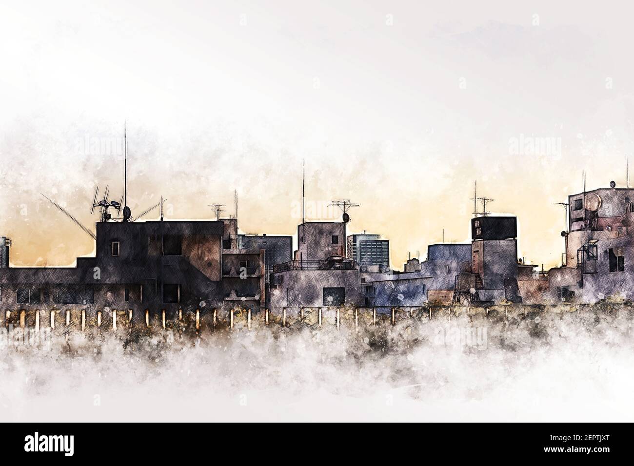 Abstract colorful building in the city on watercolor illustration ...