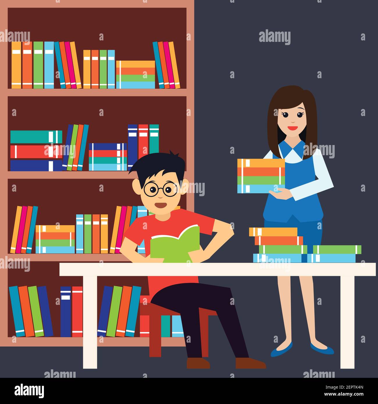 man and woman in a library for working and reading a book. vector ...