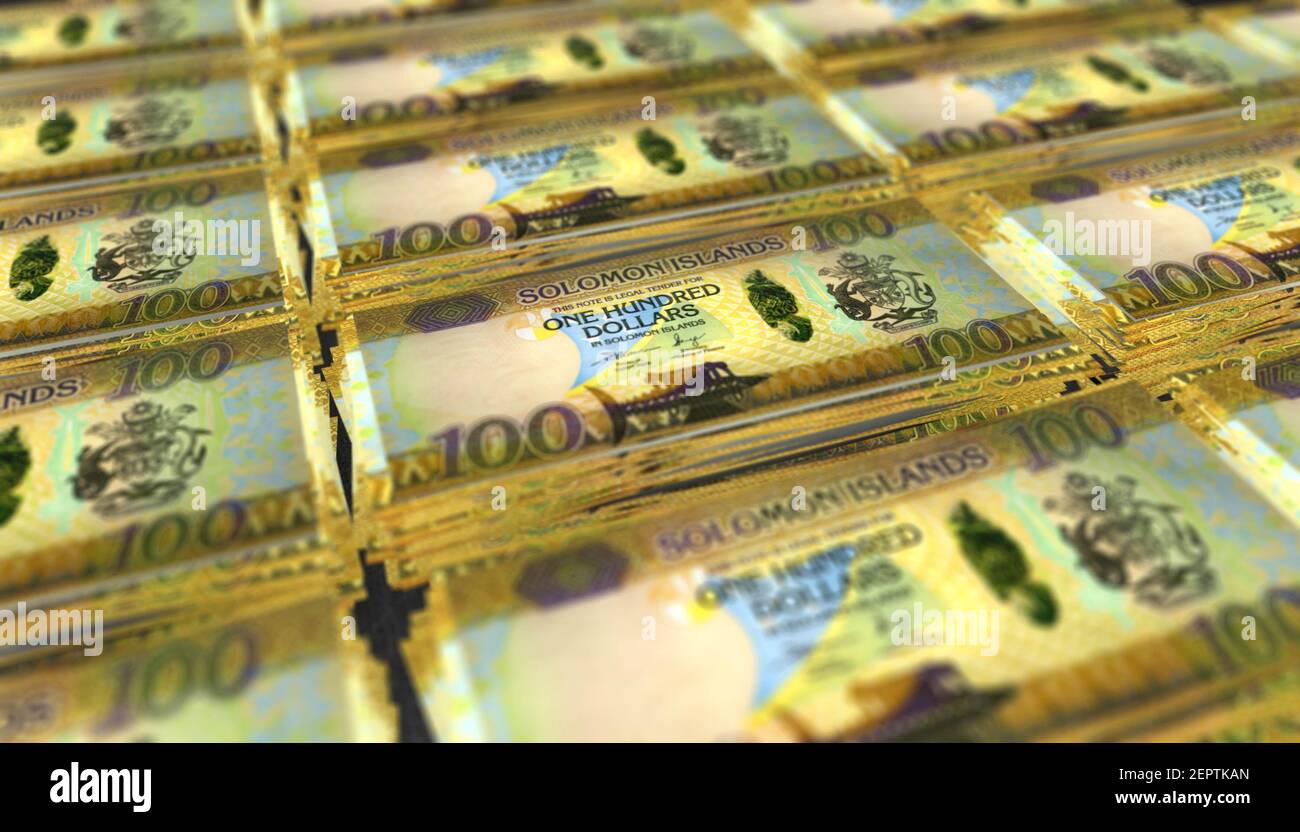 3D illustration of Solomon Islands 100 Dollars bills stacks background ...