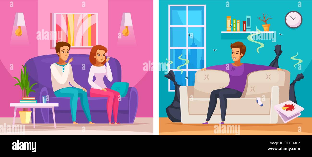 Smelly apartment cartoon composition with man in untidy room with trash ...