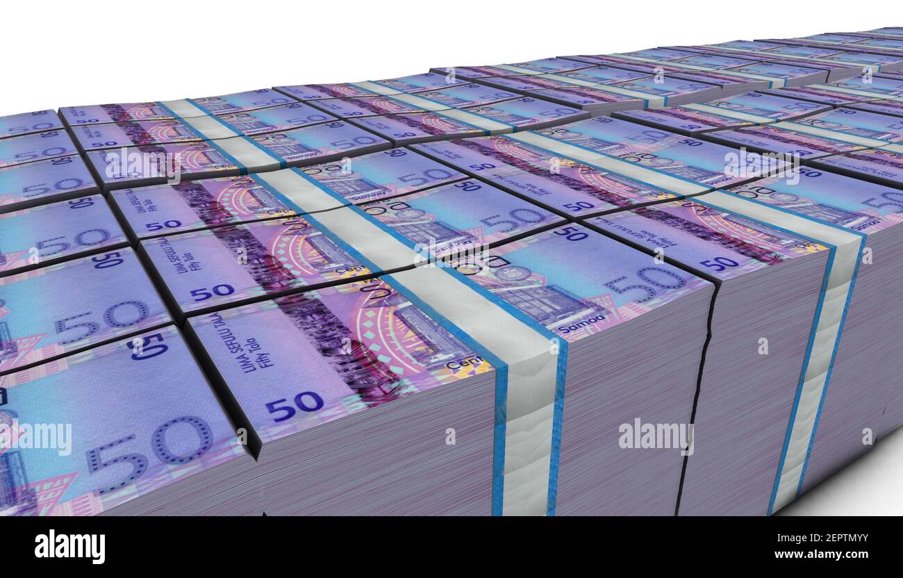 3D illustration of Samoa 50 Tala bills stacks background Stock Photo ...
