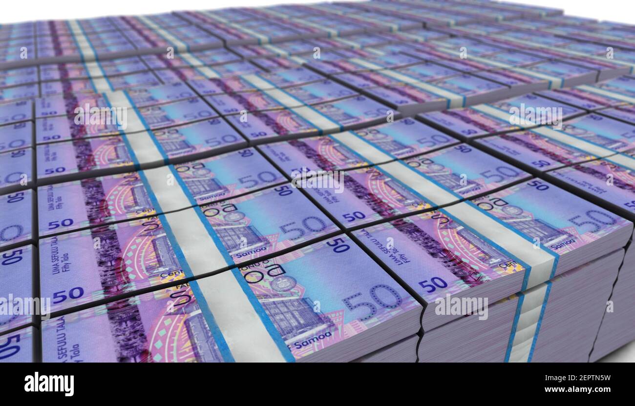 3D illustration of Samoa 50 Tala bills stacks background Stock Photo ...