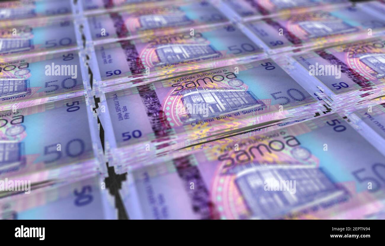 3D illustration of Samoa 50 Tala bills stacks background Stock Photo ...