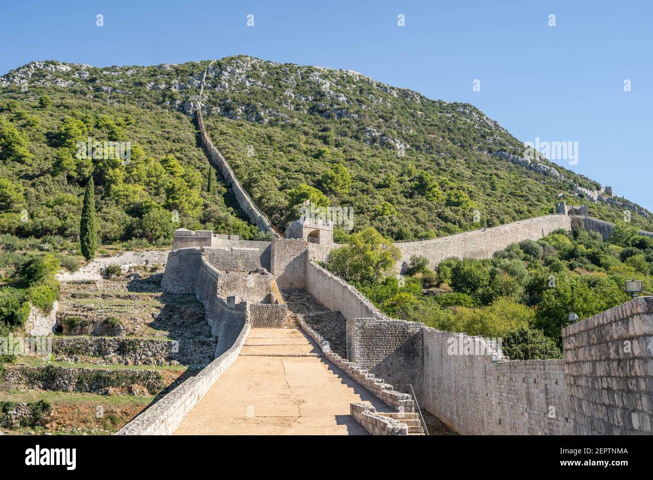 Narrow stone passage stairs on Wall of Ston aong hills in Croatia ...