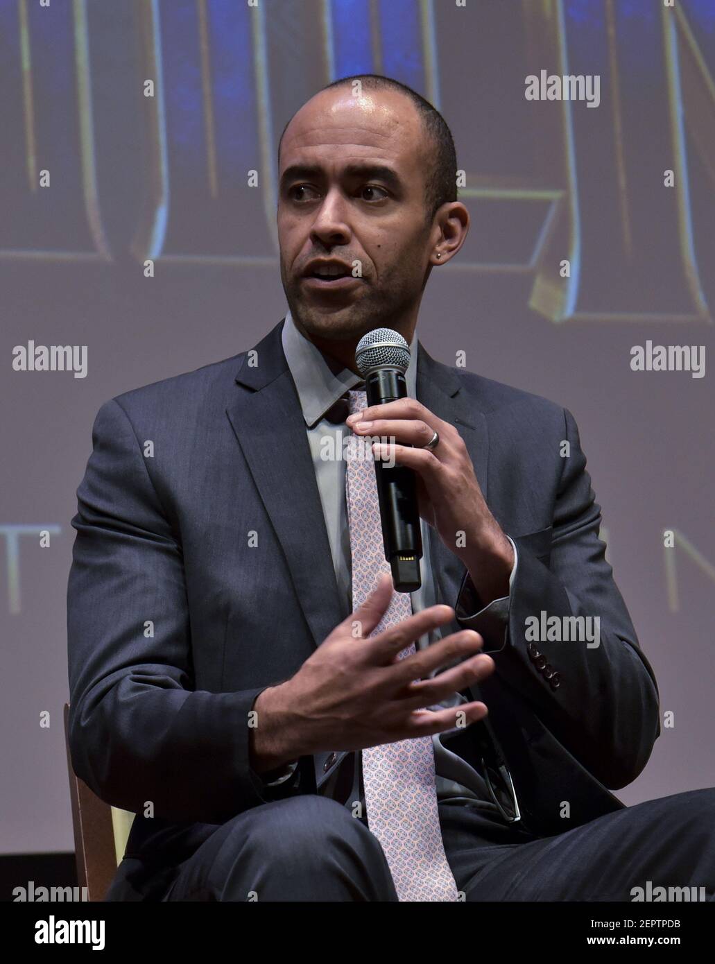 Producer Nate Moore speaks during a Q&A before a screening of Marvel ...