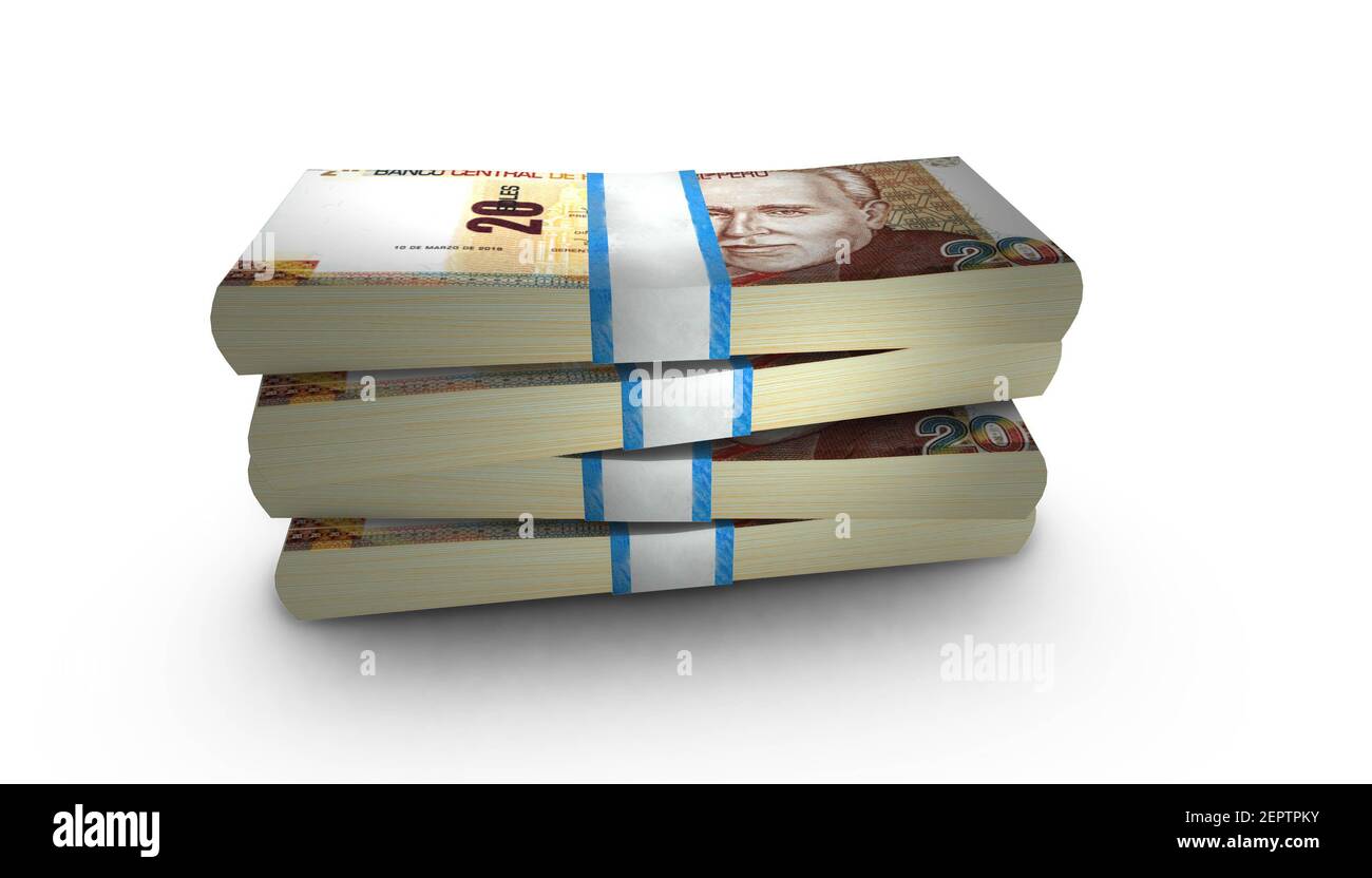 3D illustration of Peru 20 Soles bills stacks background Stock Photo ...