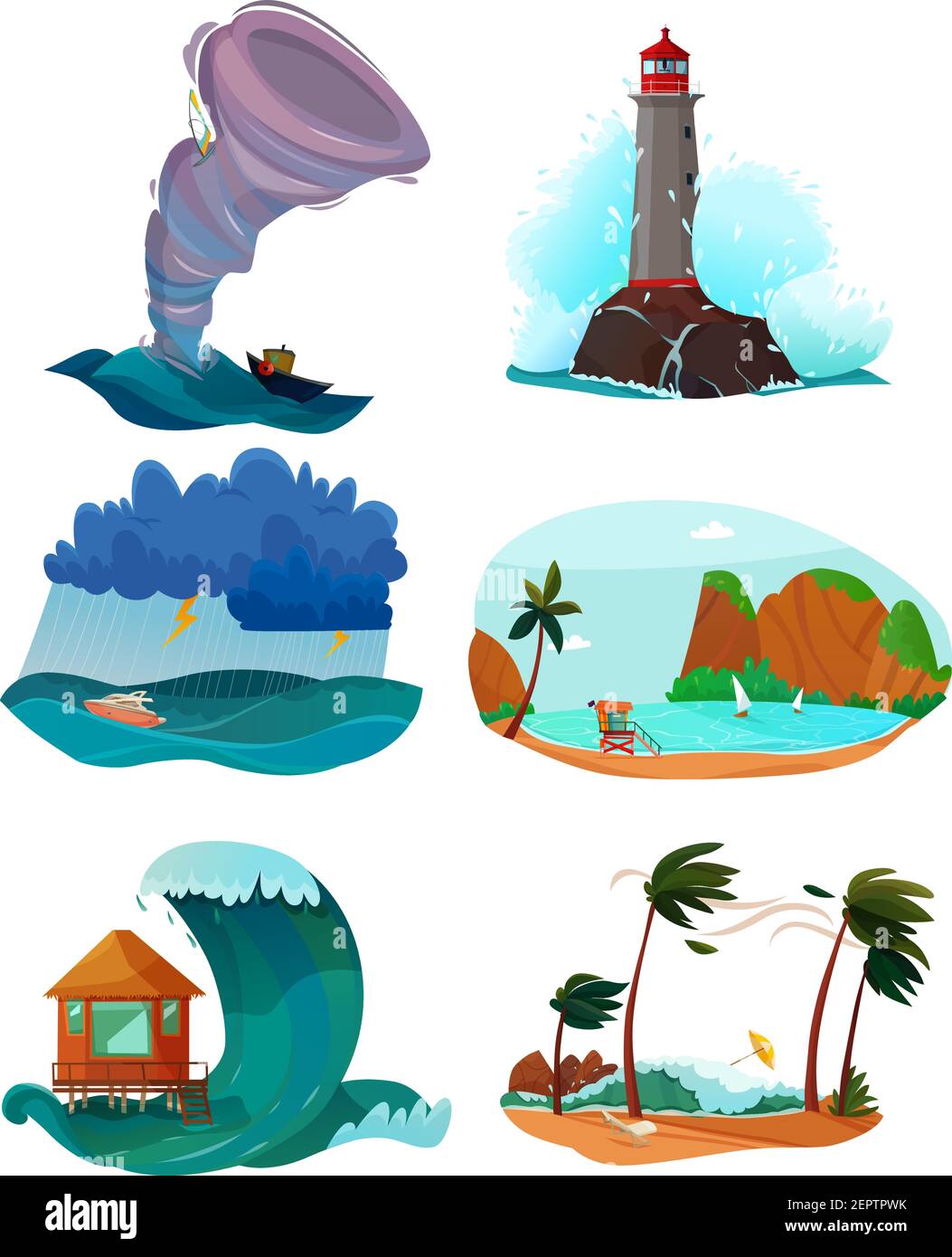 Seaside landscapes set with wind and sand flat isolated vector ...
