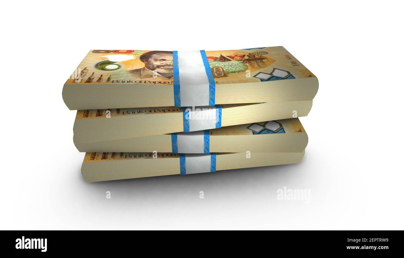 3D illustration of Papua New Guinea 50 Kina bills stacks background ...