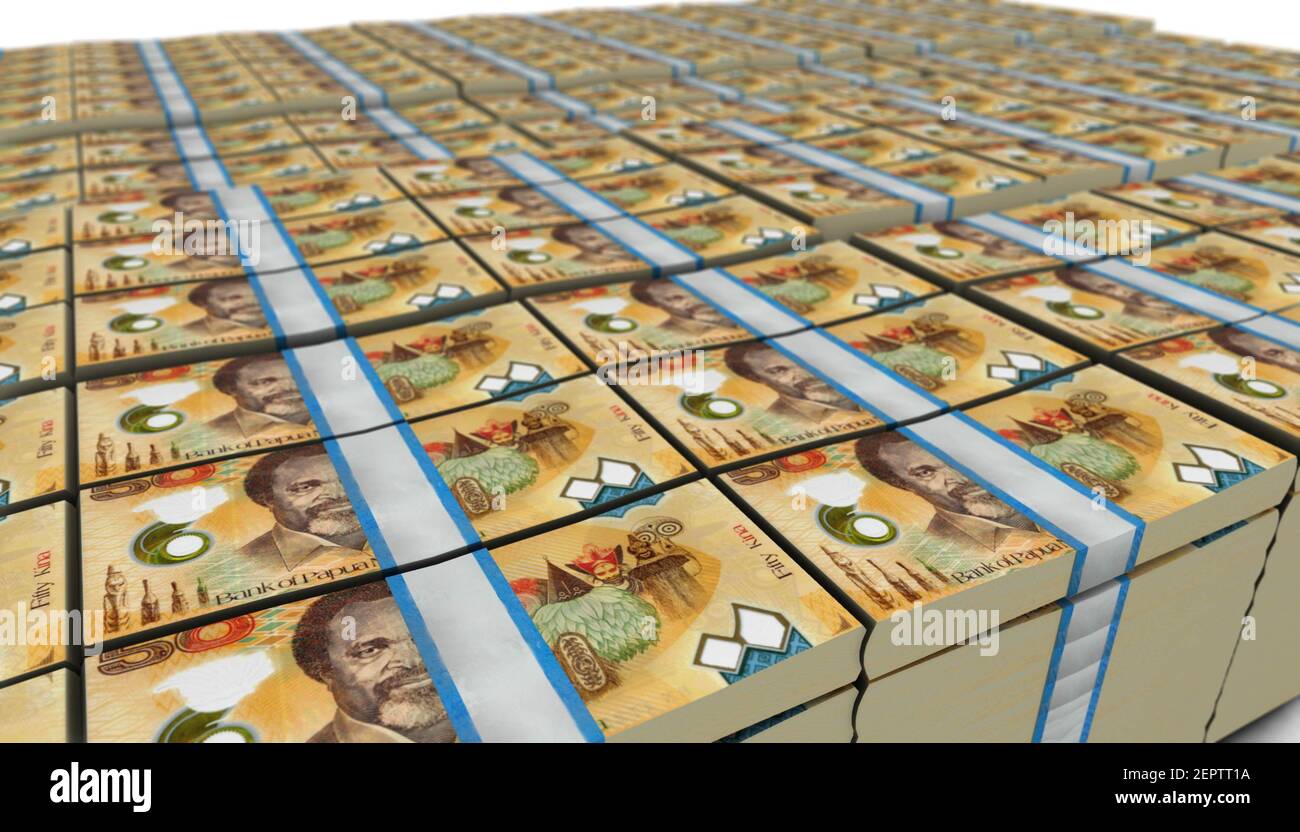 3D illustration of Papua New Guinea 50 Kina bills stacks background ...
