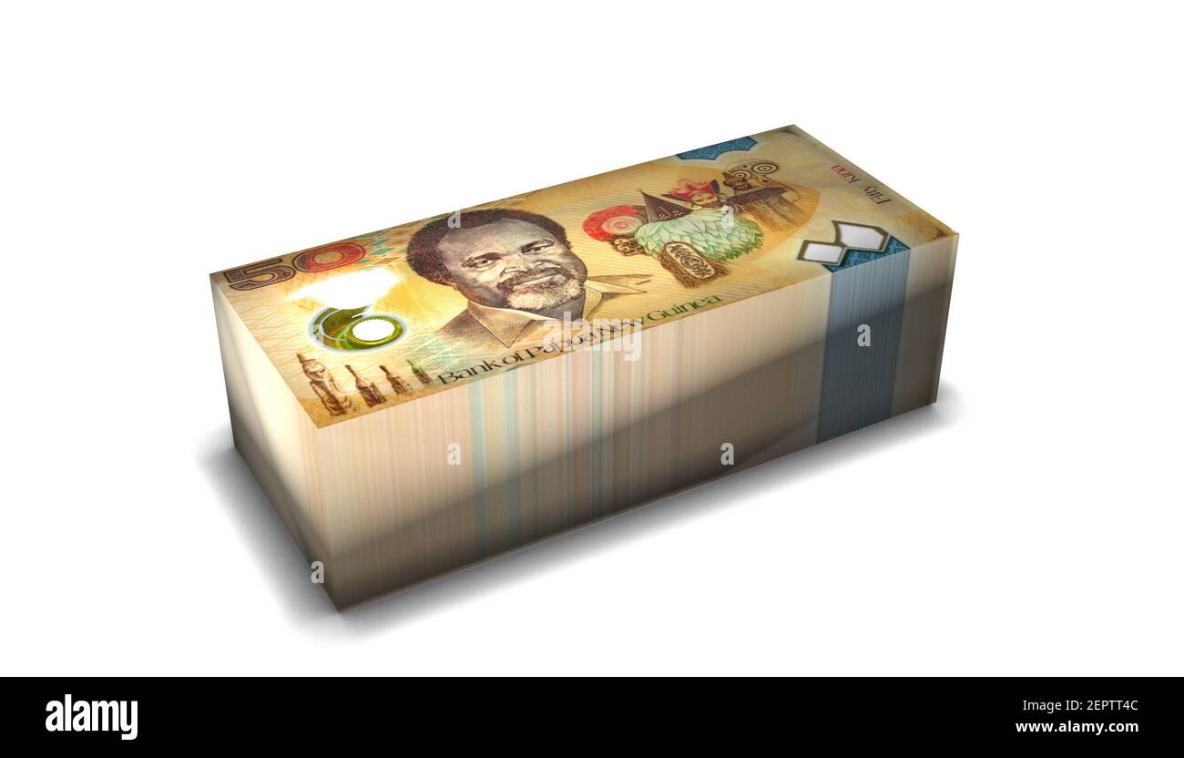 3D illustration of Papua New Guinea 50 Kina bills stacks background ...
