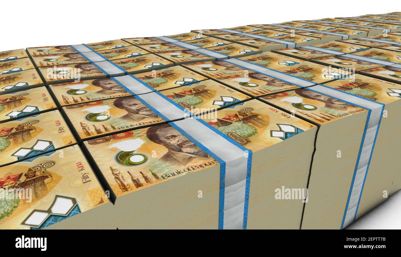 3D illustration of Papua New Guinea 50 Kina bills stacks background ...