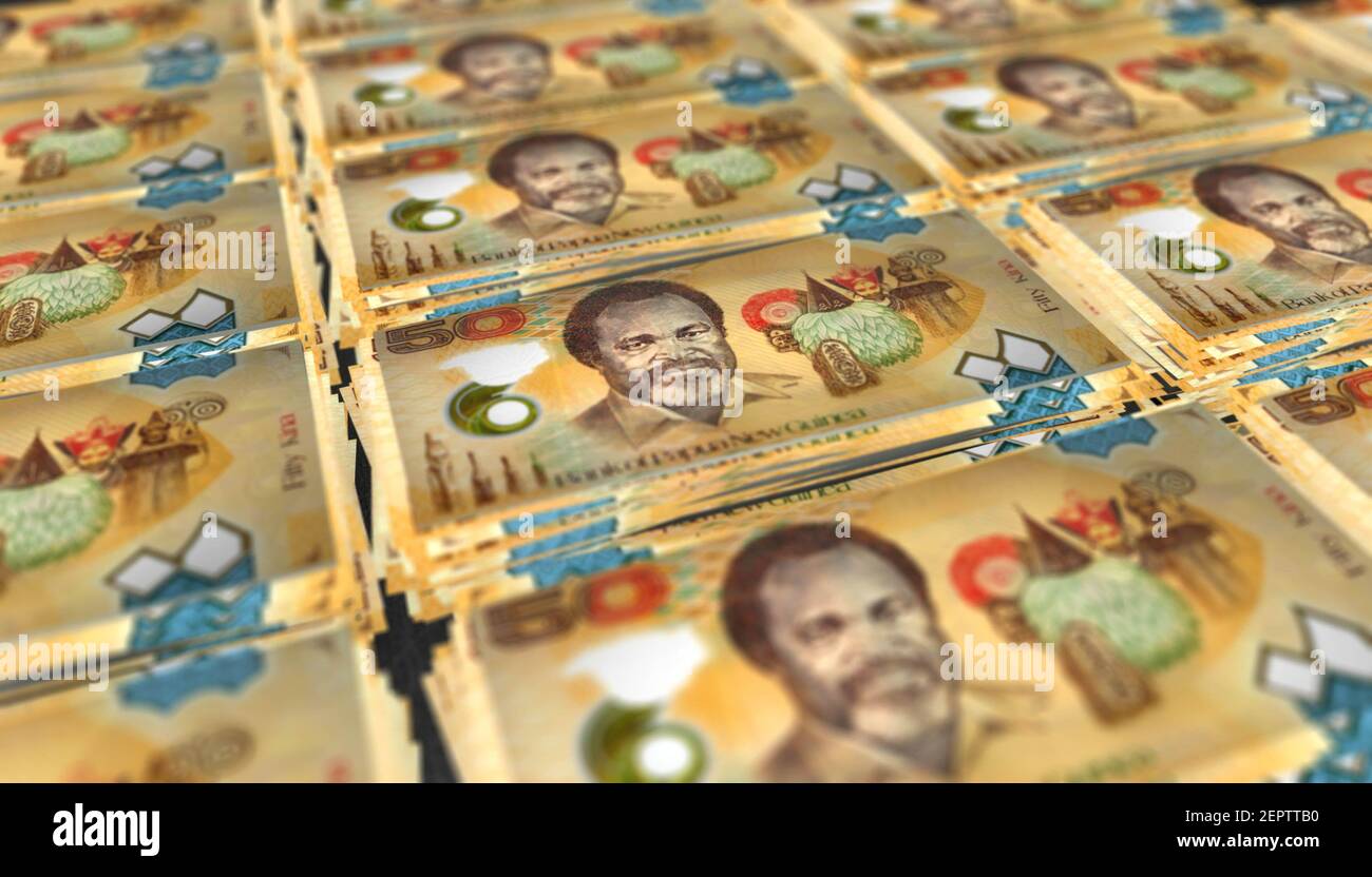 3D illustration of Papua New Guinea 50 Kina bills stacks background ...