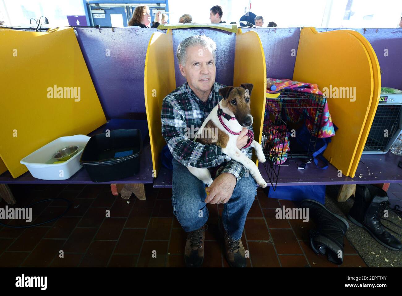 Solo, a Smooth Hair Fox Terrier sits with his owner Ray Schwartz after ...