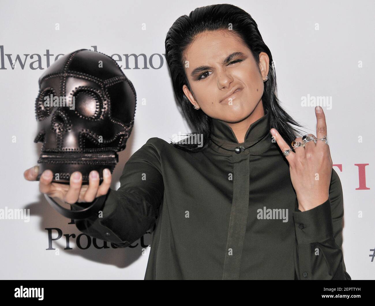 Actress Carlena Britch holding up her skull bag at the "Stillwater ...