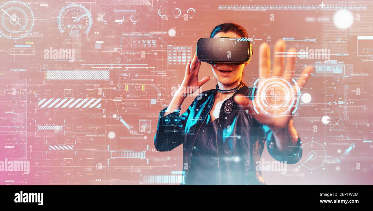 Young girl getting experience VR headset is using augmented reality ...